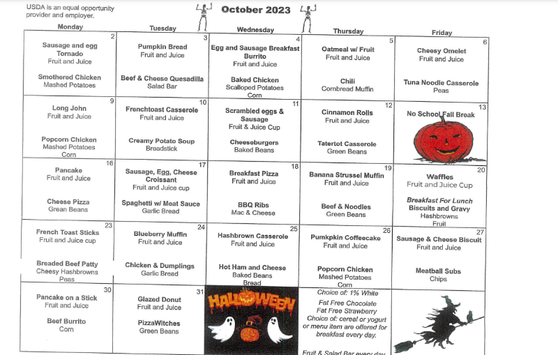Osmond Community Schools - October Lunch Menu