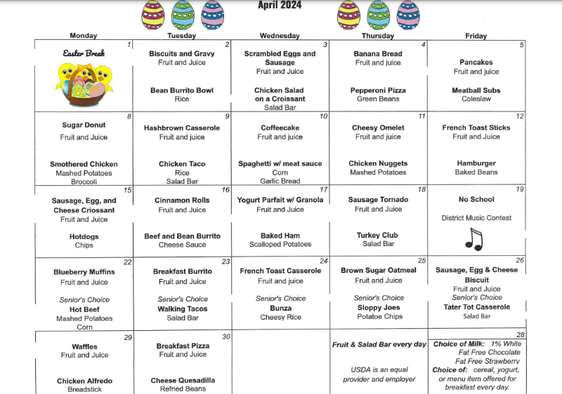 Osmond Community Schools - April Lunch Menu