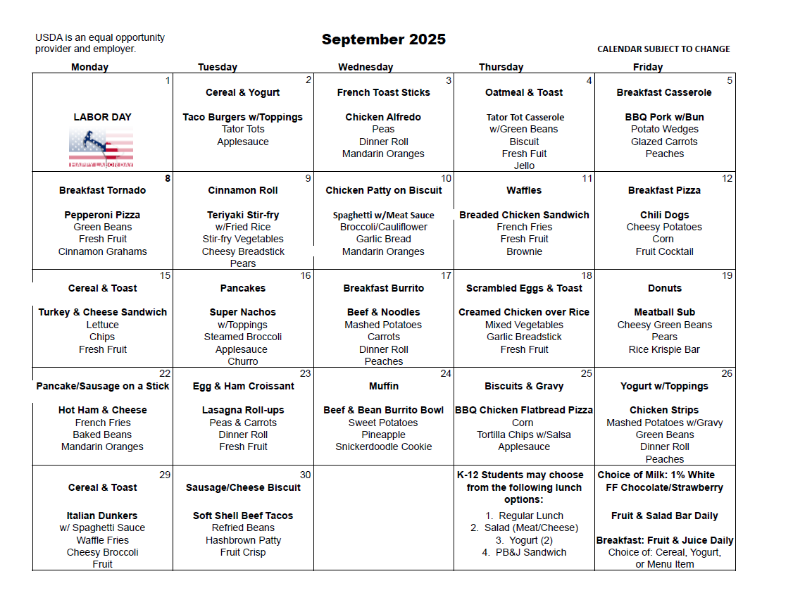 Osmond Community Schools - Sept. Lunch Menu